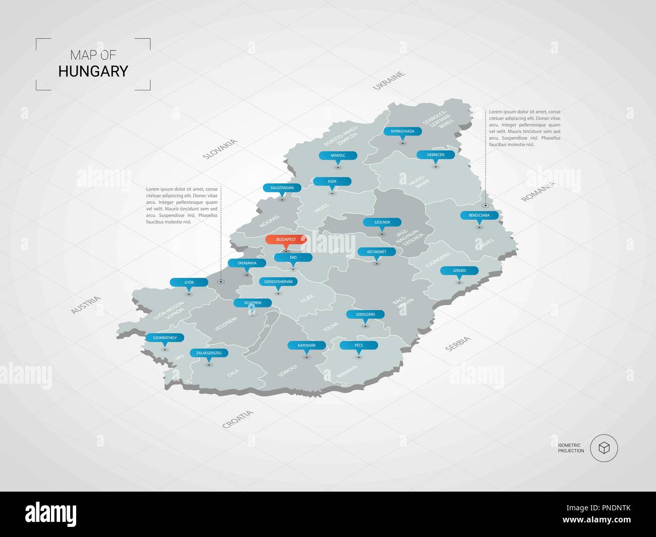 Isometric 3D Hungary map. Stylized vector map illustration with cities ...