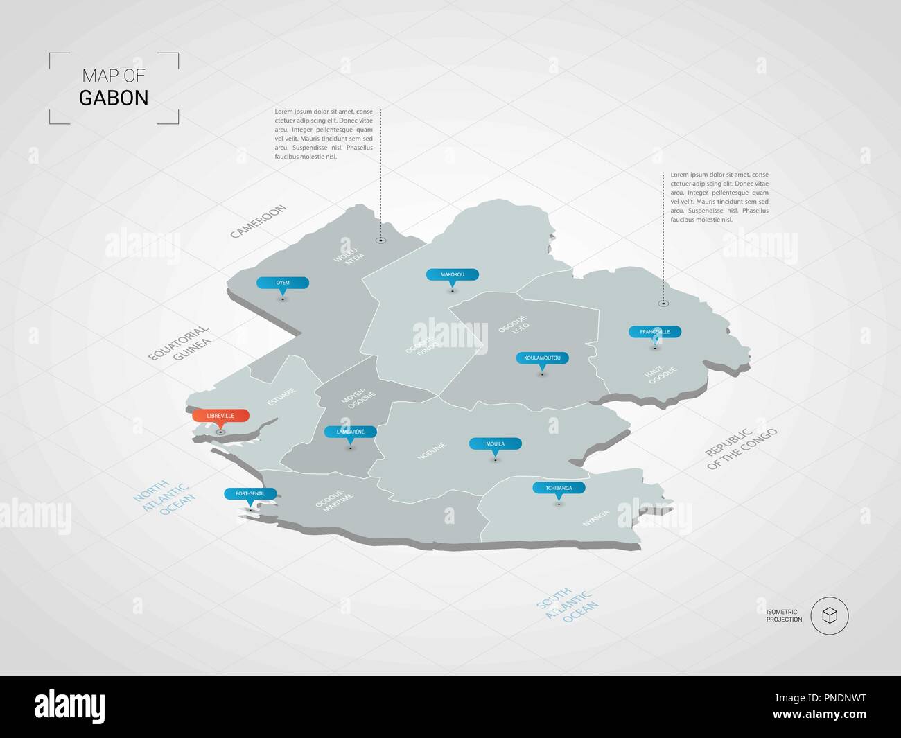 Isometric 3D Gabon map. Stylized vector map illustration with cities ...