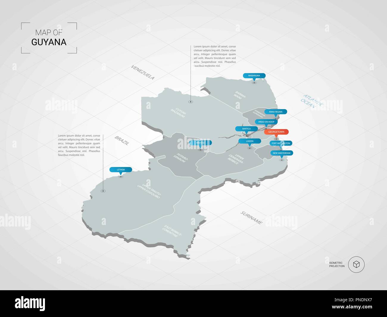 Isometric 3D Guyana map. Stylized vector map illustration with cities ...