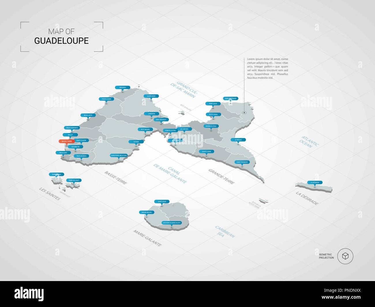 Isometric 3D Guadeloupe map. Stylized vector map illustration with ...