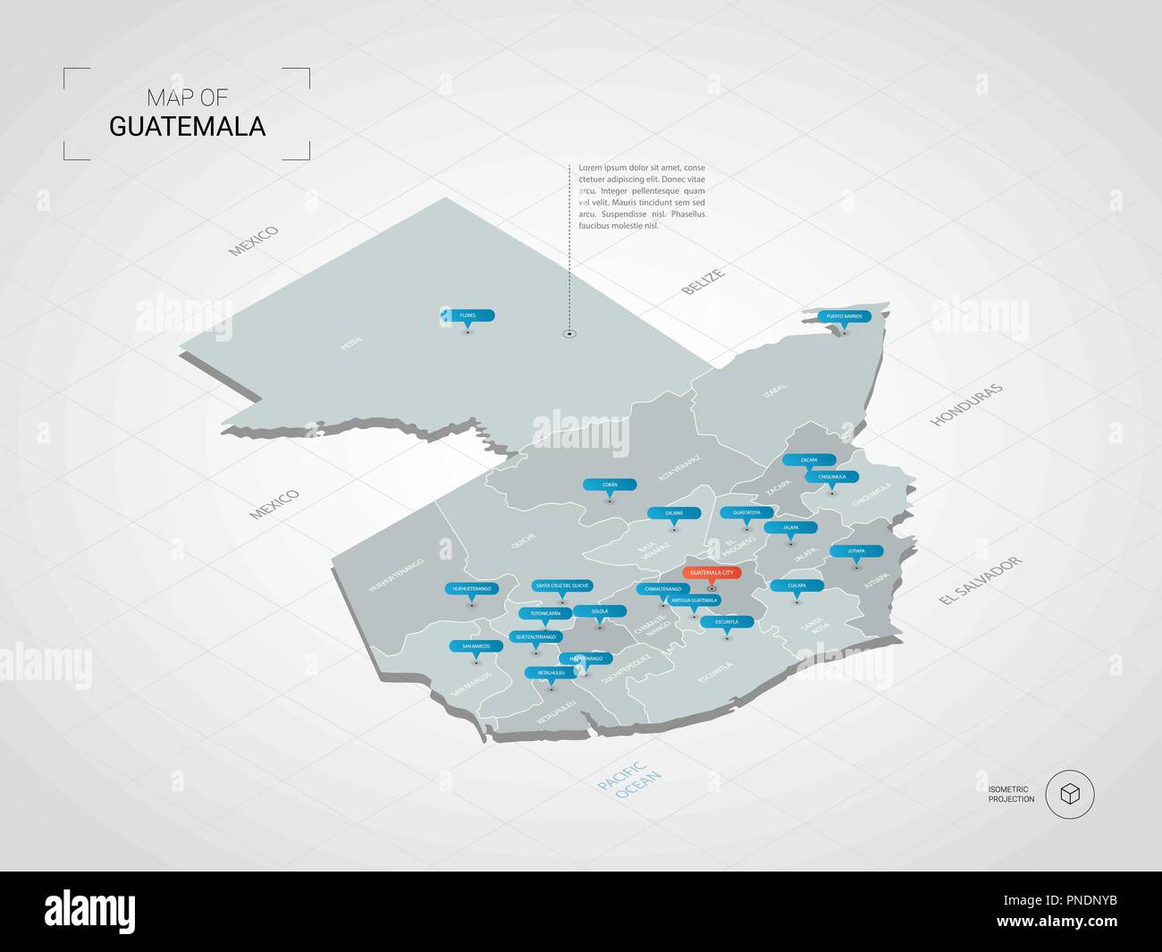 Isometric 3D Guatemala map. Stylized vector map illustration with ...