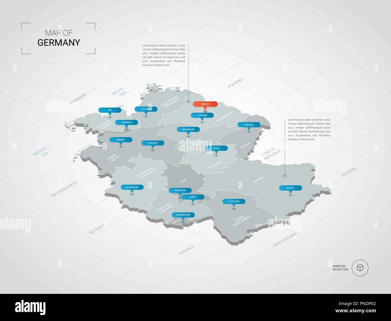 Isometric 3D Germany map. Stylized vector map illustration with cities ...