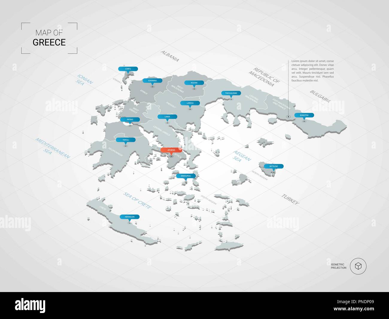 Isometric 3D Greece map. Stylized vector map illustration with cities ...