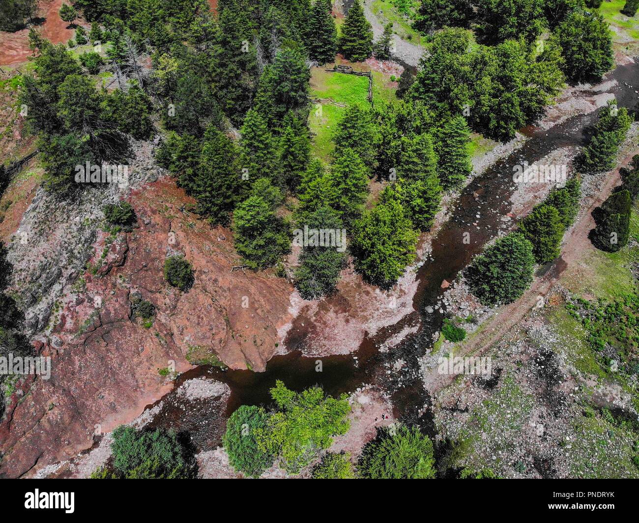 Vista aerea del paisaje, bosque y arroyo La Cueva en en La Mesa Tres ...