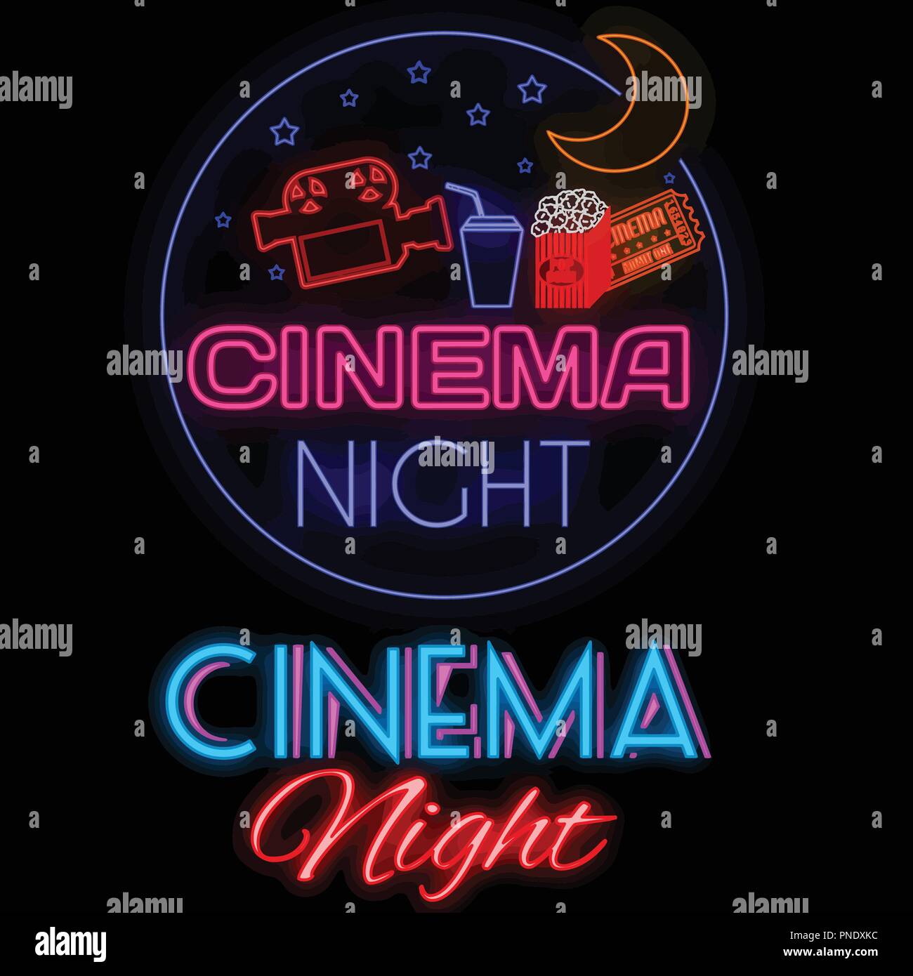 Cinema night glowing neon sign on black background, vector illustration ...
