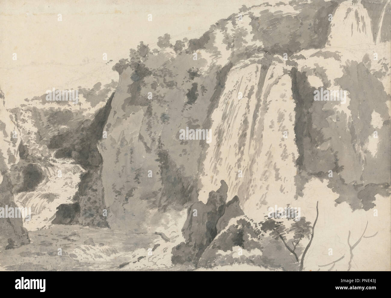 Rocky Landscape with Waterfalls. Drawing. Graphite and gray wash on ...