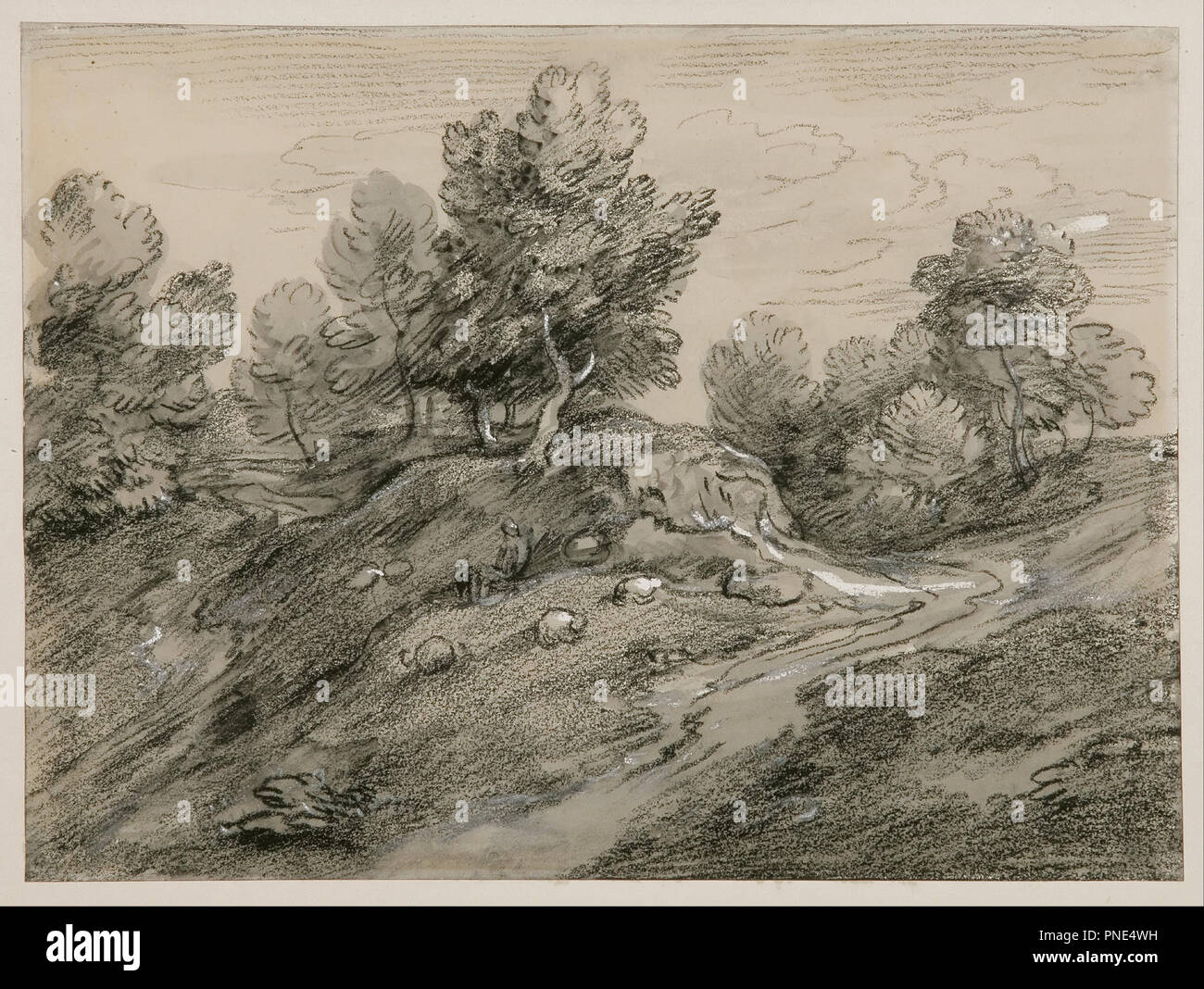 Wooded upland landscape with shepherd and sheep and country track ...