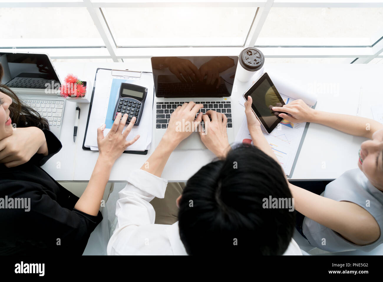 Top view of Asian business people group on meeting, Business working ...