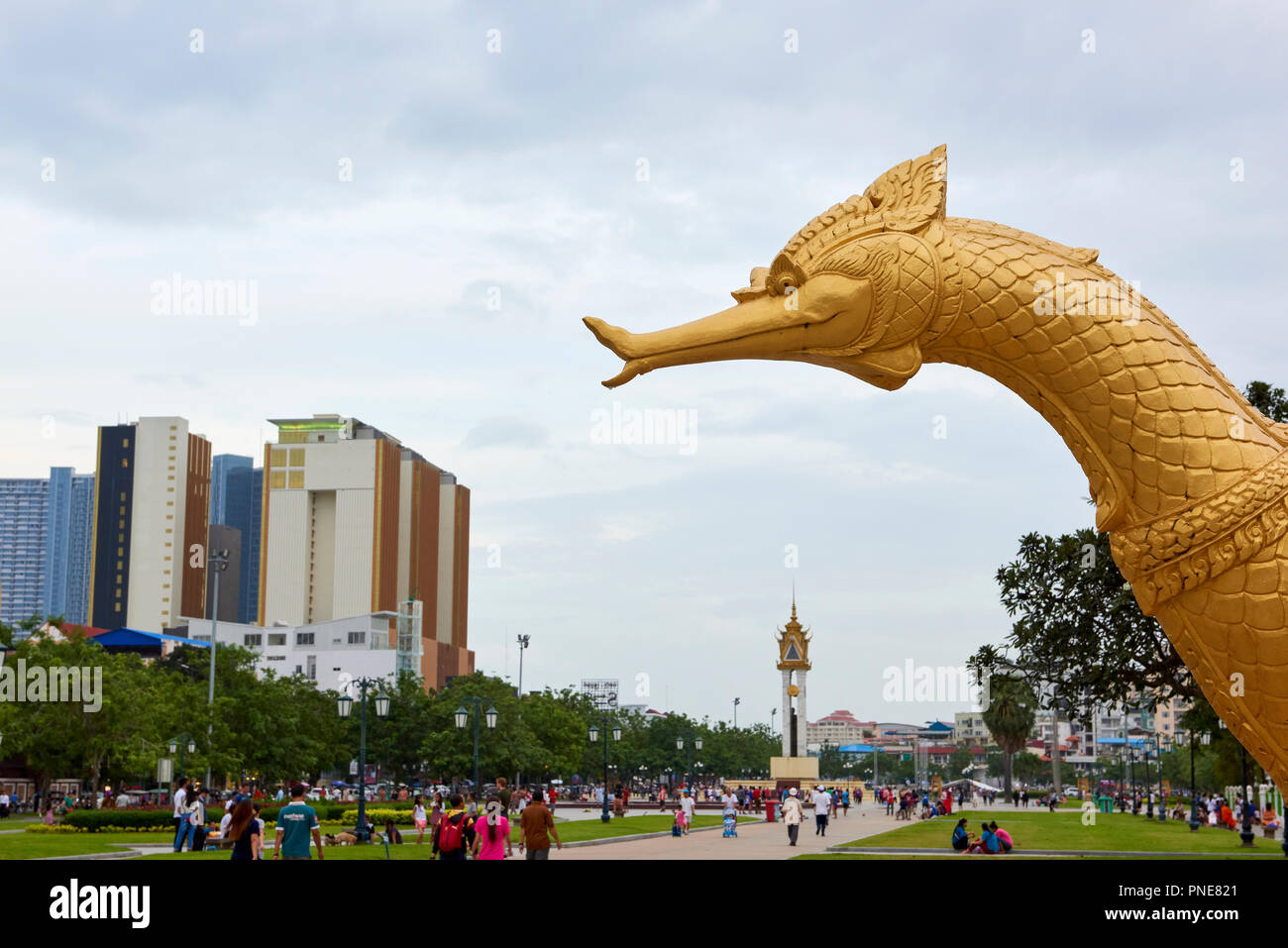 Gilt statue of Hang Meas, the sacred golden bird, in Botum Park, Phnom ...