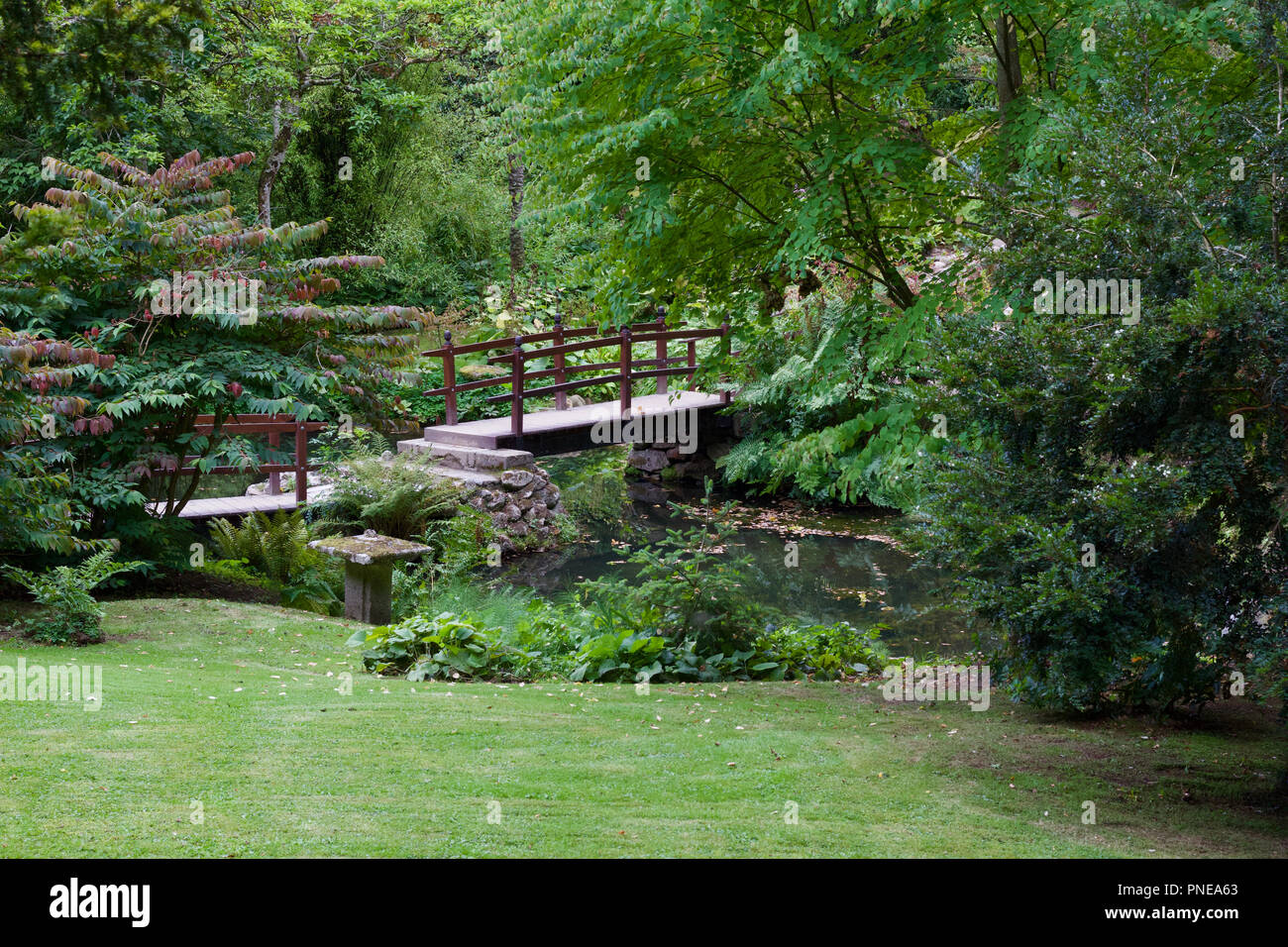 Wooden bridge over a brook in a peaceful, landscaped Japanese garden ...