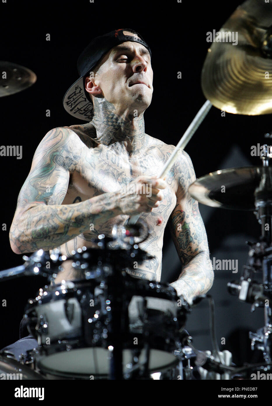 Travis Barker with Blink 182 performs at the Cruzan Amphitheater in ...