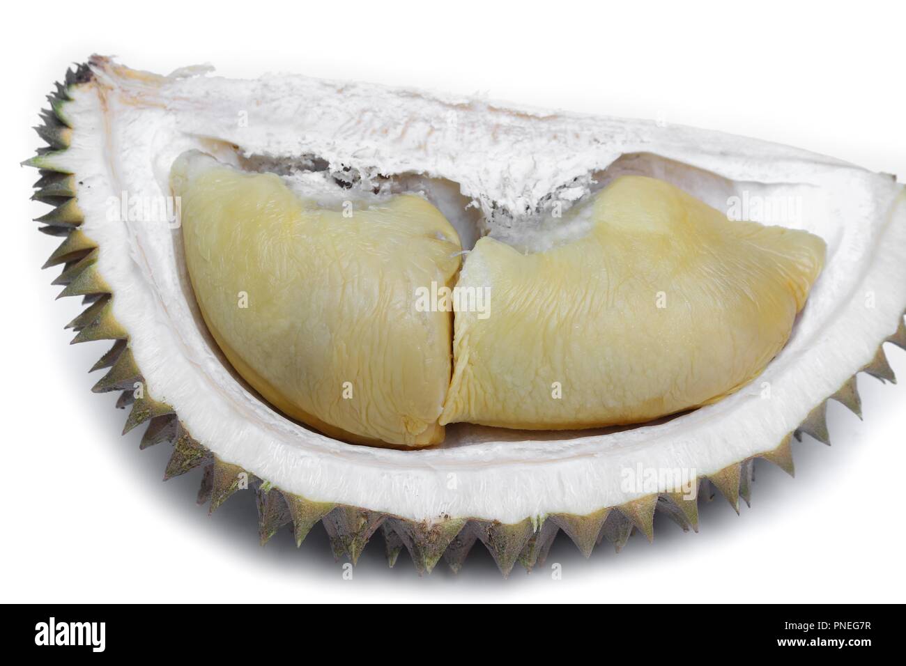 close up durian ripe yellow meat tropical fruit on white background ...
