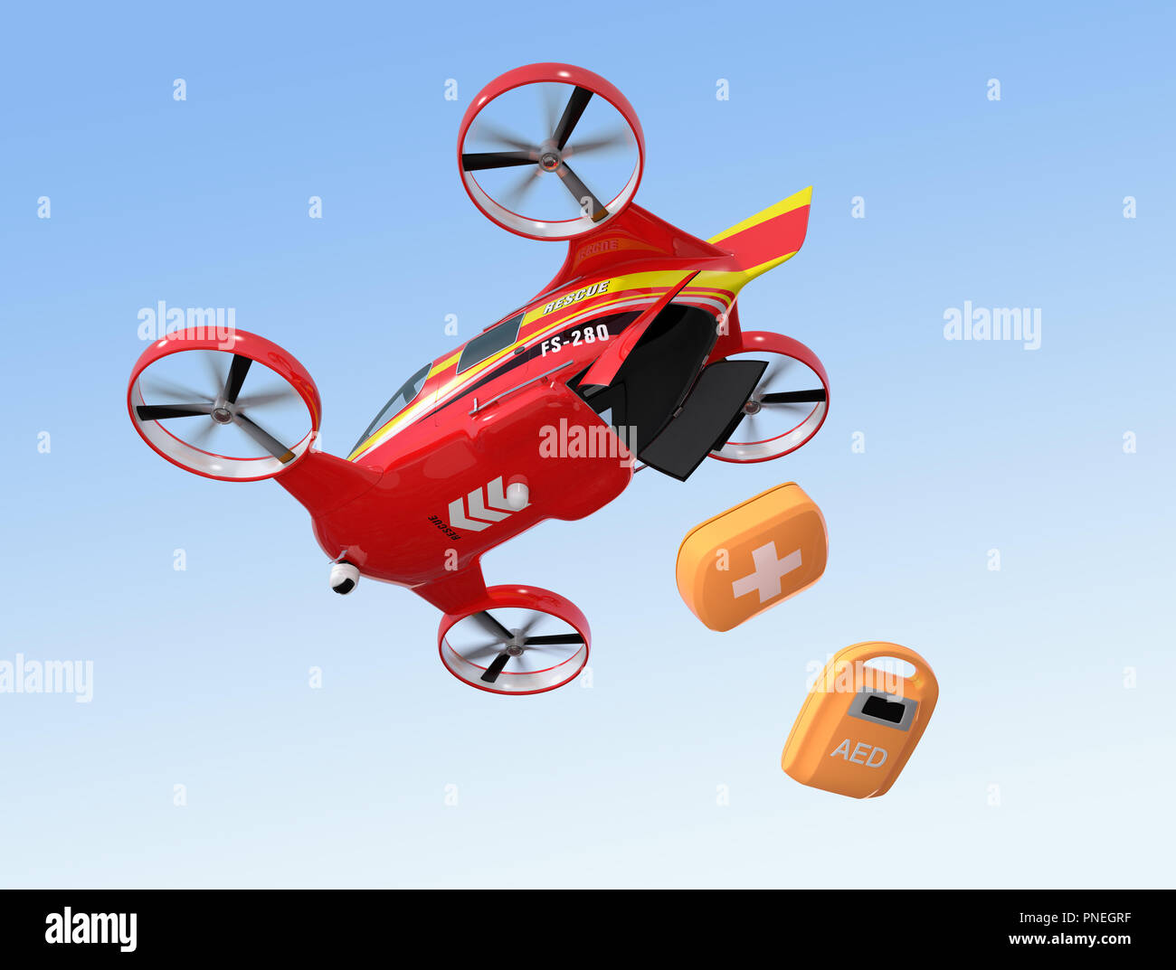 Self-driving Rescue Drone hovering in the sky and released first aid ...