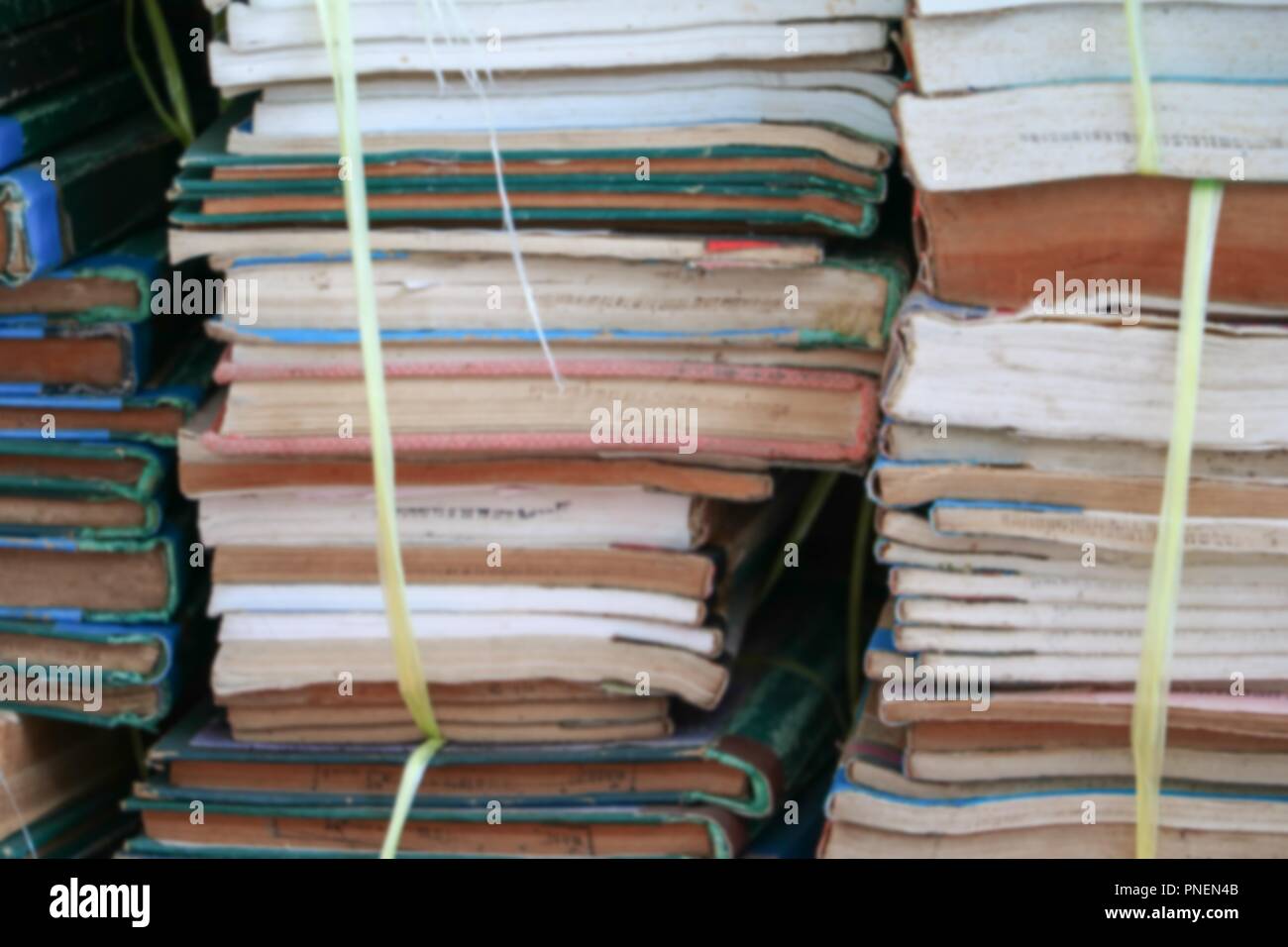 Blurred focus with Stack of Used Old Books in the School Library Stock ...