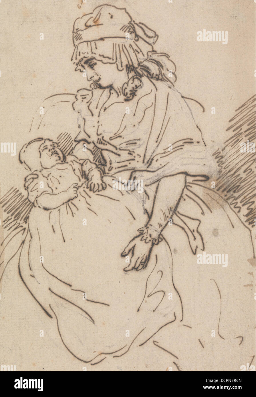 A Mother and Child. Drawing. Pen and brown ink and graphite, with pen ...