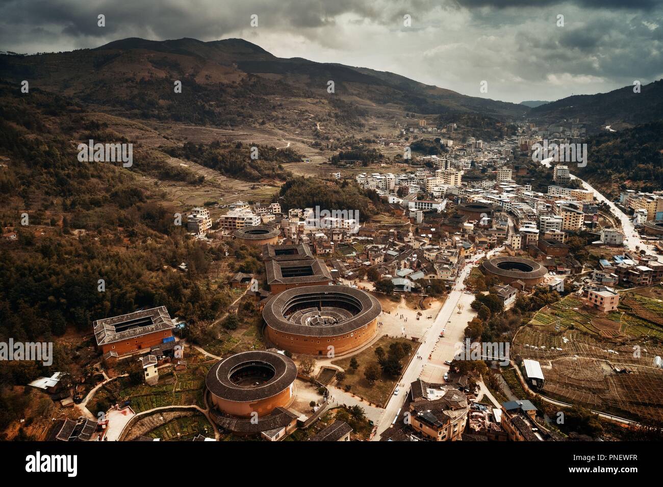 Aerial view of Tulou, the unique dwellings of Hakka in Fujian, China ...
