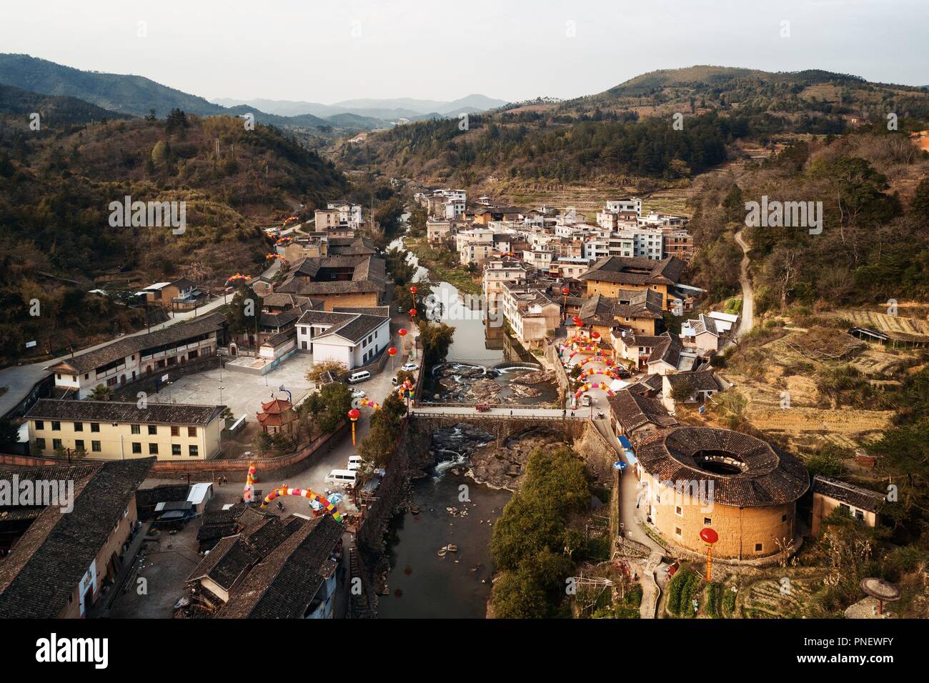 Aerial view of Tulou, the unique dwellings of Hakka in Fujian, China ...