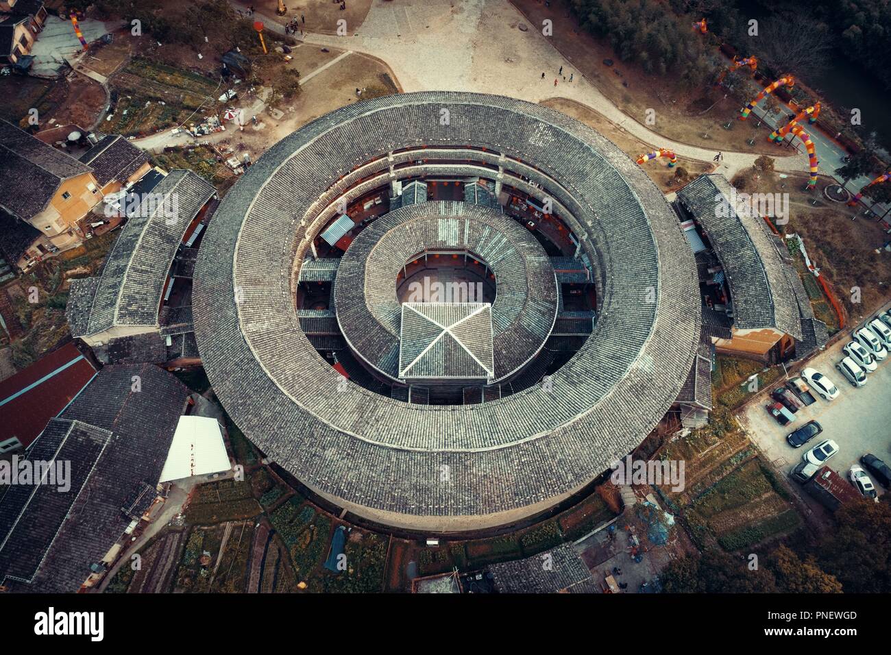 Aerial closeup view of Tulou, the unique dwellings of Hakka in Fujian ...