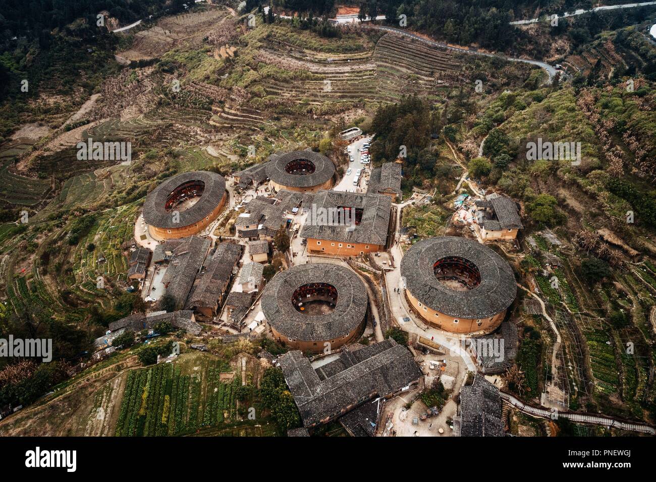 Aerial view of Tulou, the unique dwellings of Hakka in Fujian, China ...