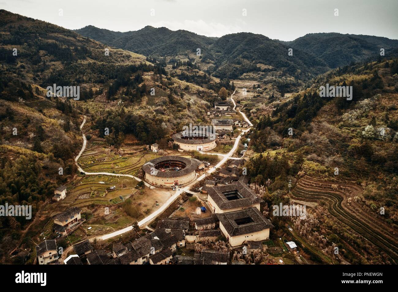 Aerial view of Tulou, the unique dwellings of Hakka in Fujian, China ...