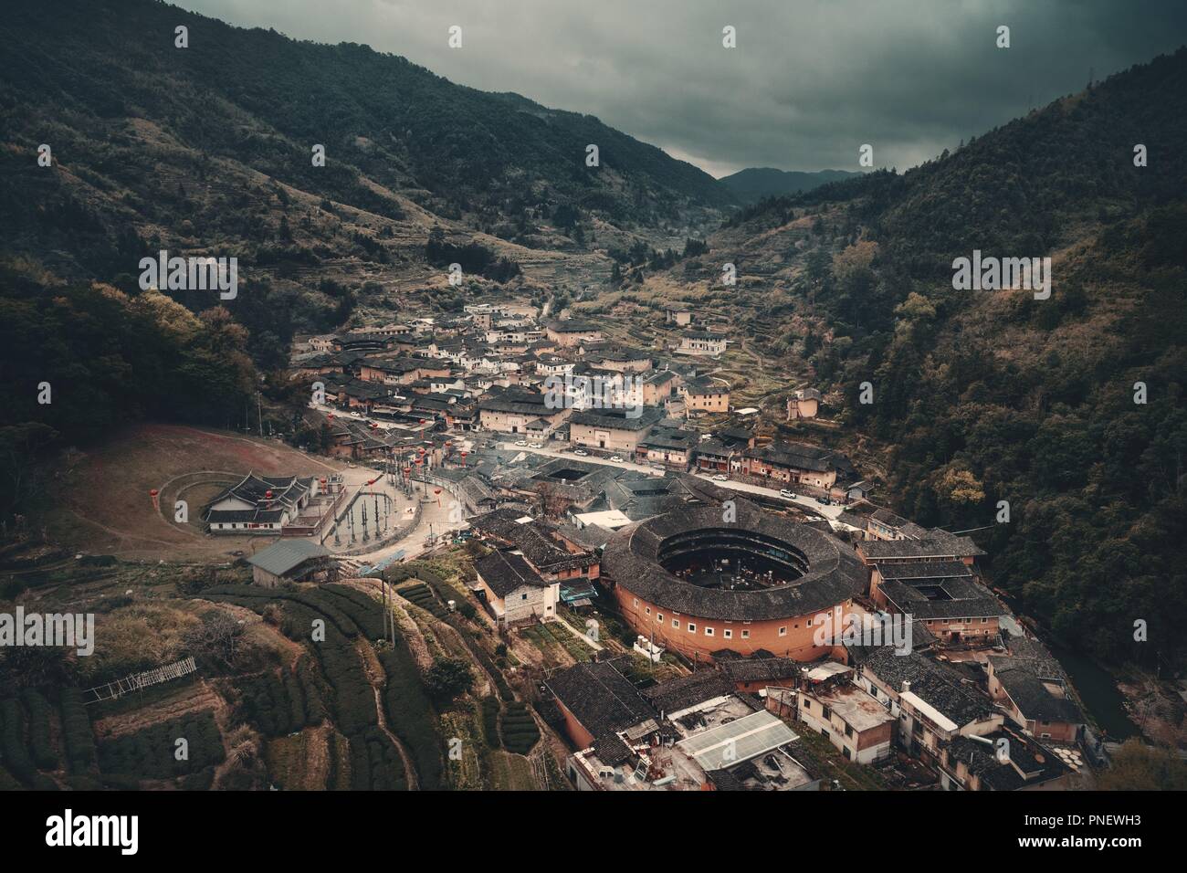 Aerial view of Tulou, the unique dwellings of Hakka in Fujian, China ...