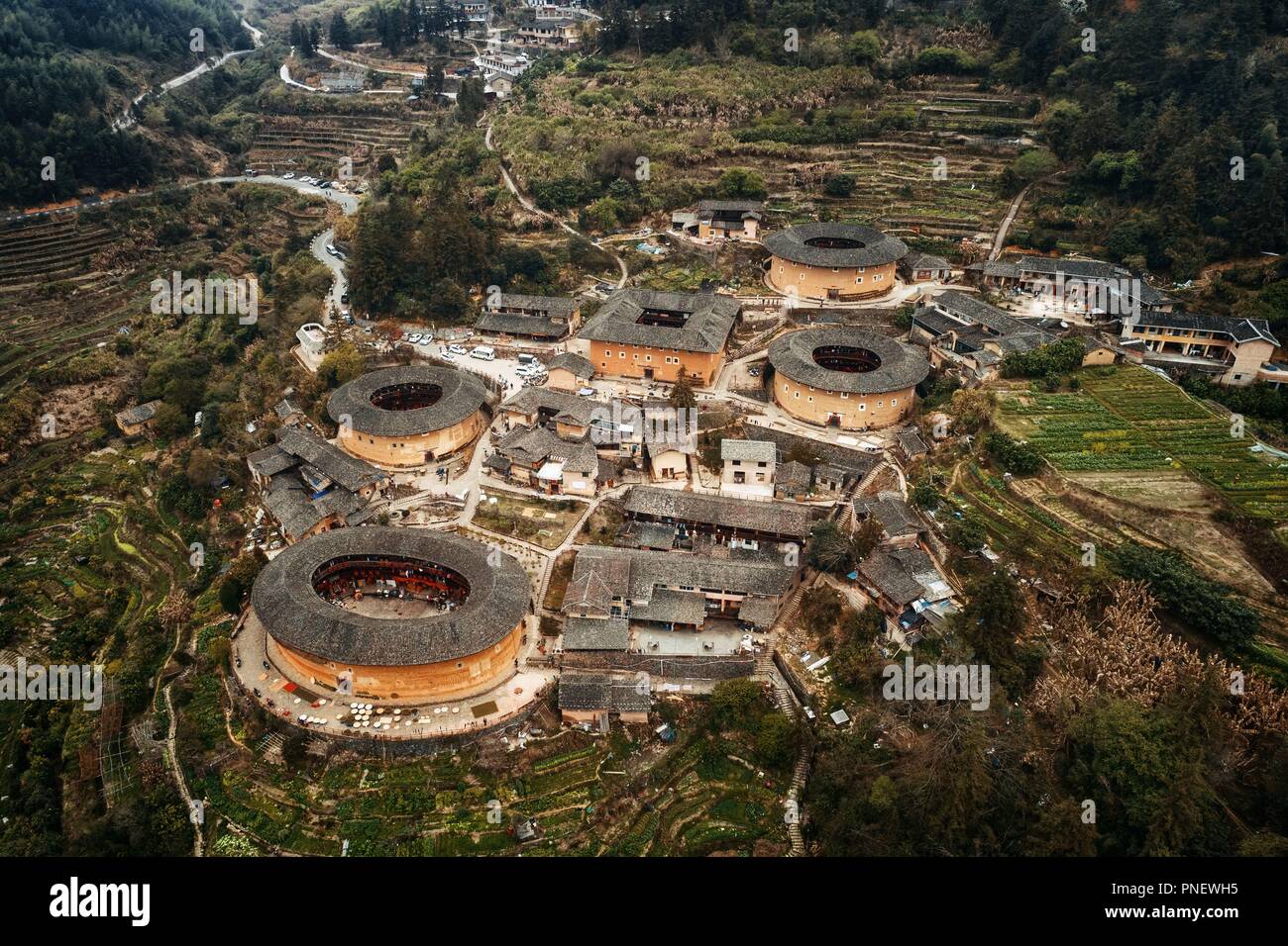 Aerial view of Tulou, the unique dwellings of Hakka in Fujian, China ...