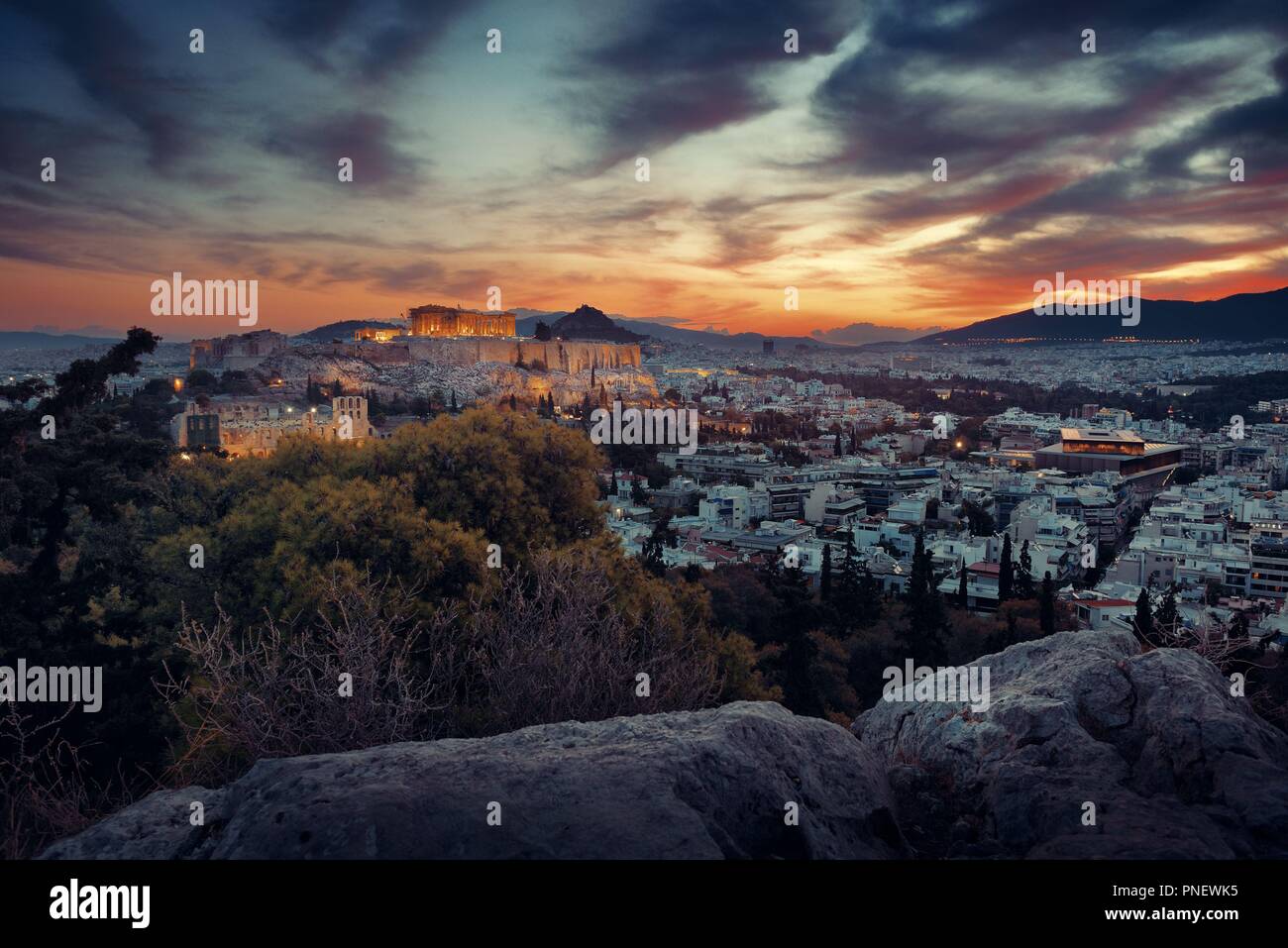 Athens skyline sunrise with cloud viewed from mountain top, Greece ...