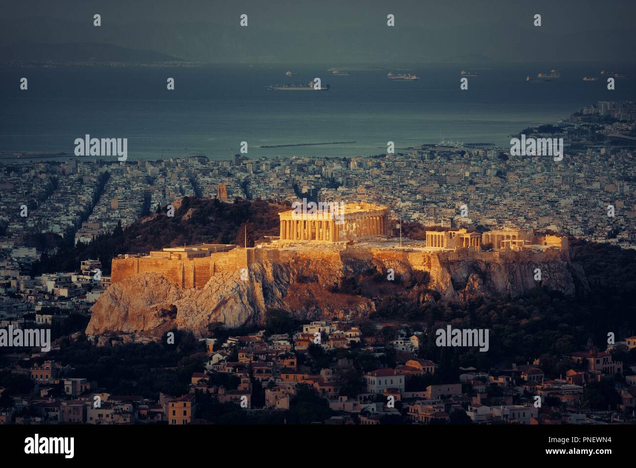 Athens skyline sunrise viewed from Mt Lykavitos with Acropolis, Greece ...