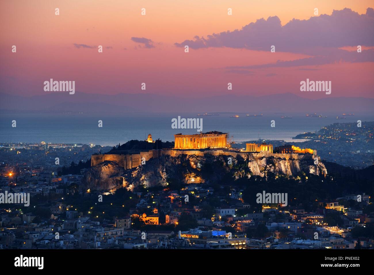 Athens skyline sunset viewed from Mt Lykavitos with Acropolis, Greece ...