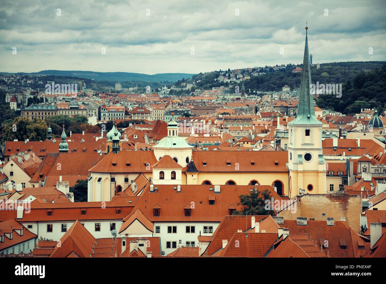 Prague skyline rooftop view with historical buildings in Czech Republic ...