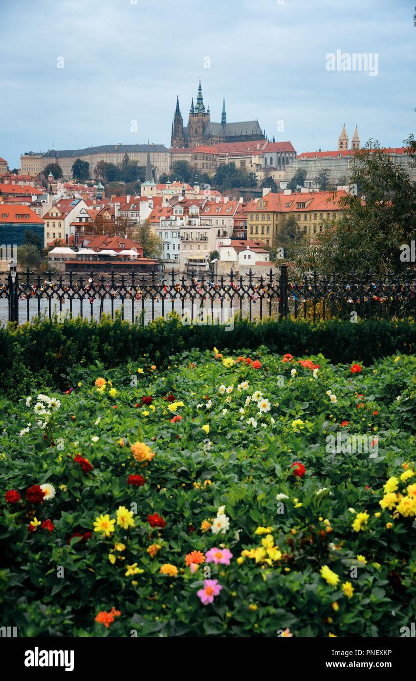 Prague city view with flower bed in Czech Republic Stock Photo - Alamy