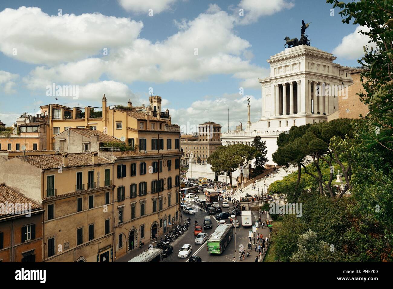 Street view with National Monument to Victor Emmanuel II in Rome, Italy ...