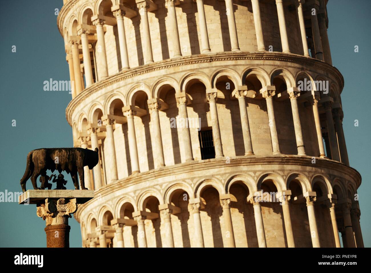 Leaning tower with Capitoline Wolf (or she-wolf) sculpture in Pisa ...