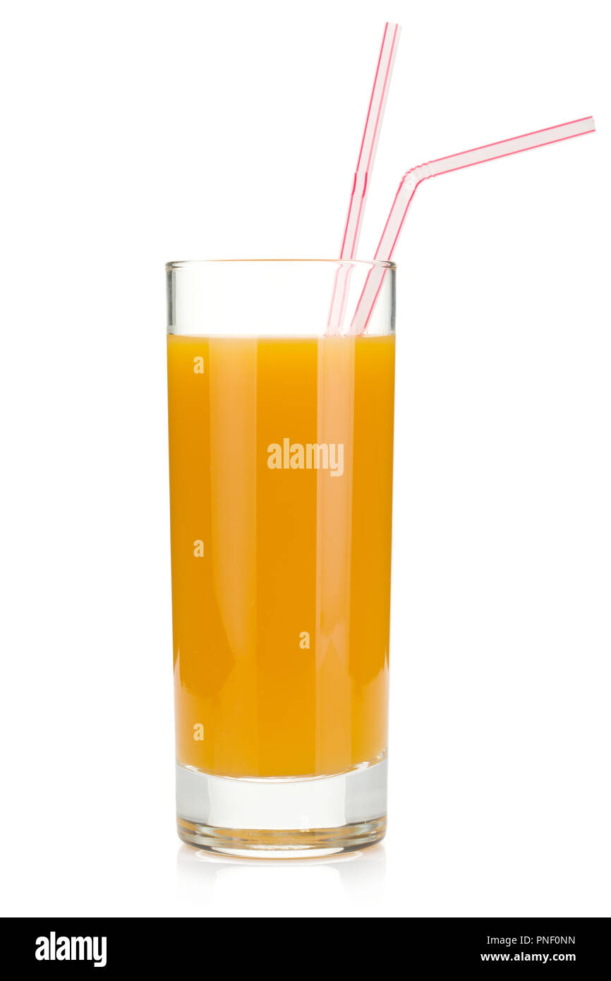 Peach juice in a glass with drinking straw. Isolated on white ...
