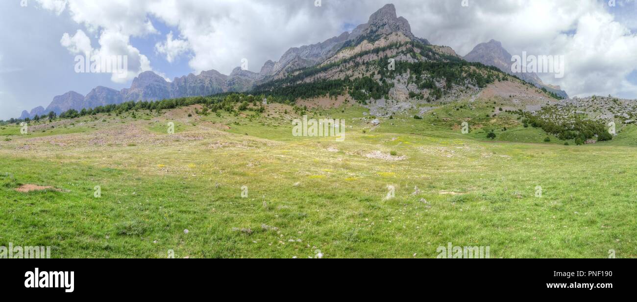 The mountains and the massif along the green path to the Piedrafita de ...