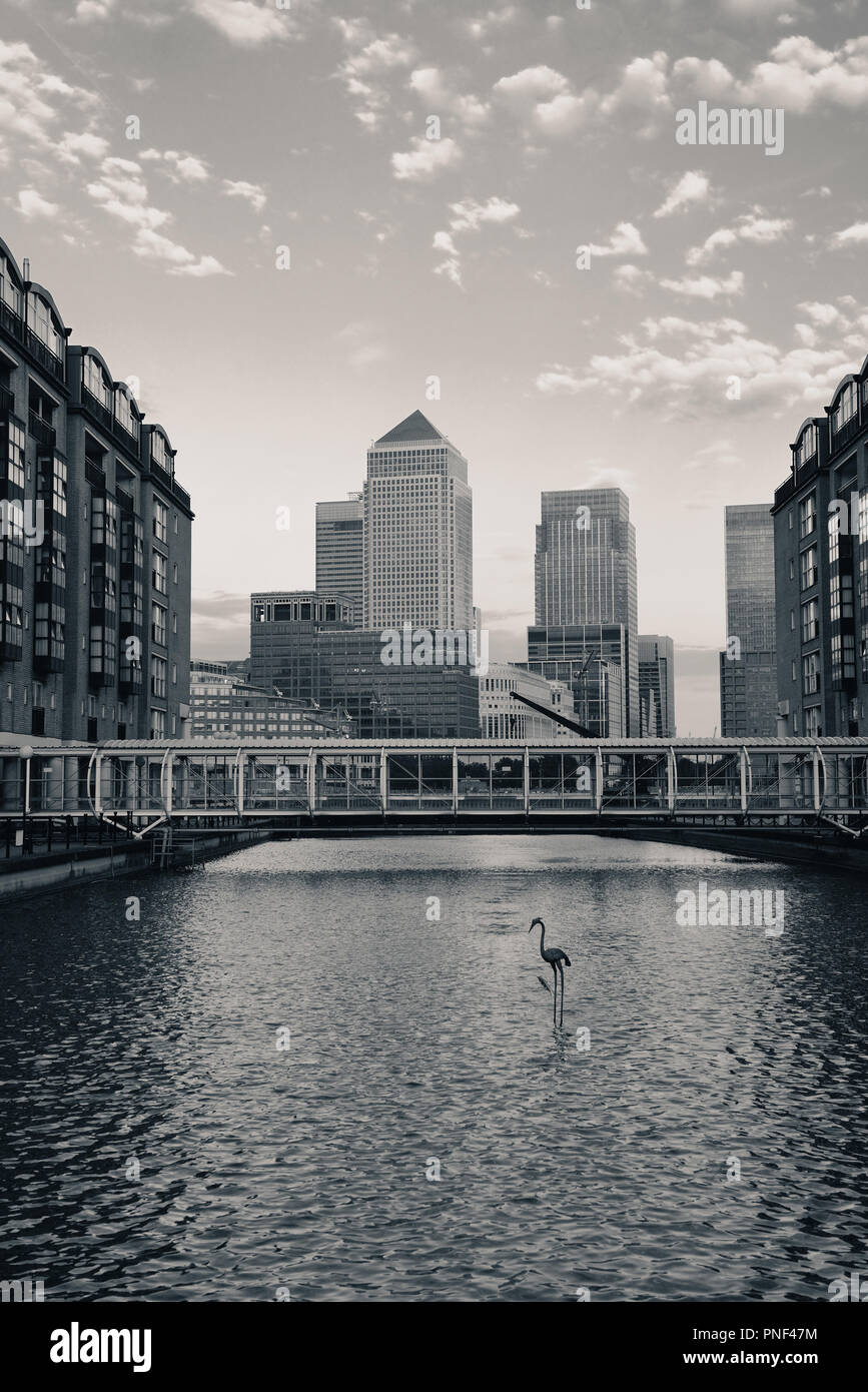 Canary Wharf business district in London black and white Stock Photo ...