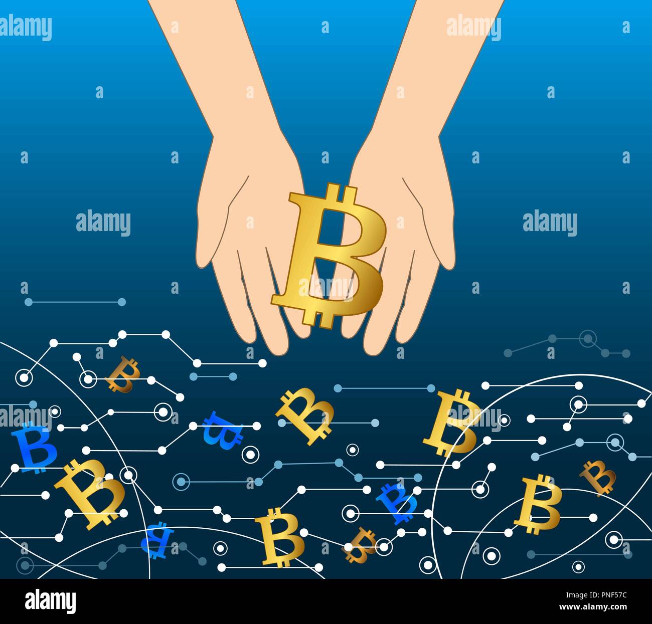 Getting money from virtual flow, bitcoin business concept. Hand holding ...