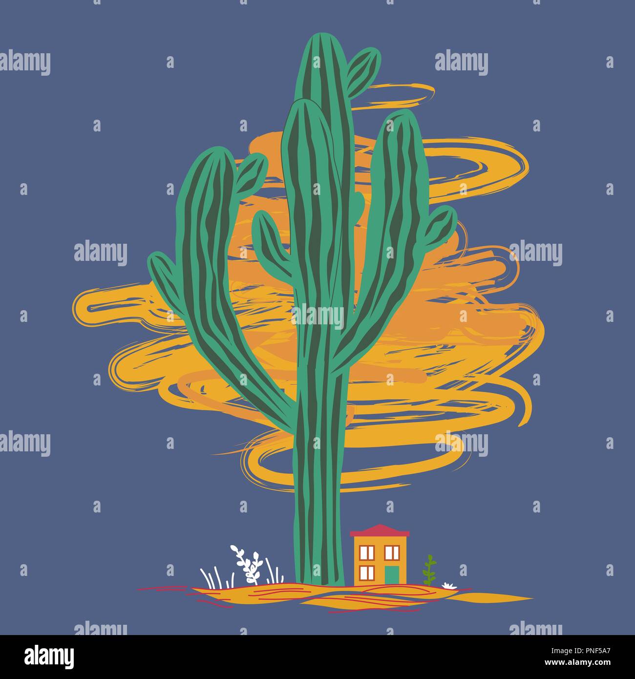 Cute cartoon illustration with high saguaro cactus and liitle house ...