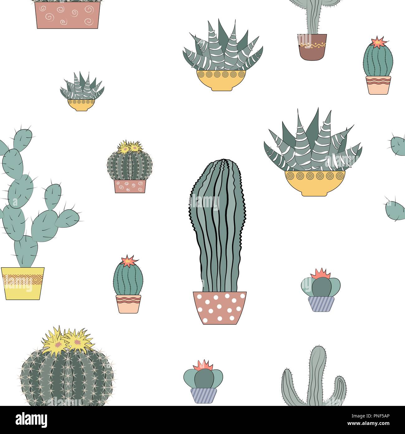 Doodle textured cactuses. Seamless pattern. Vector illustration Stock ...