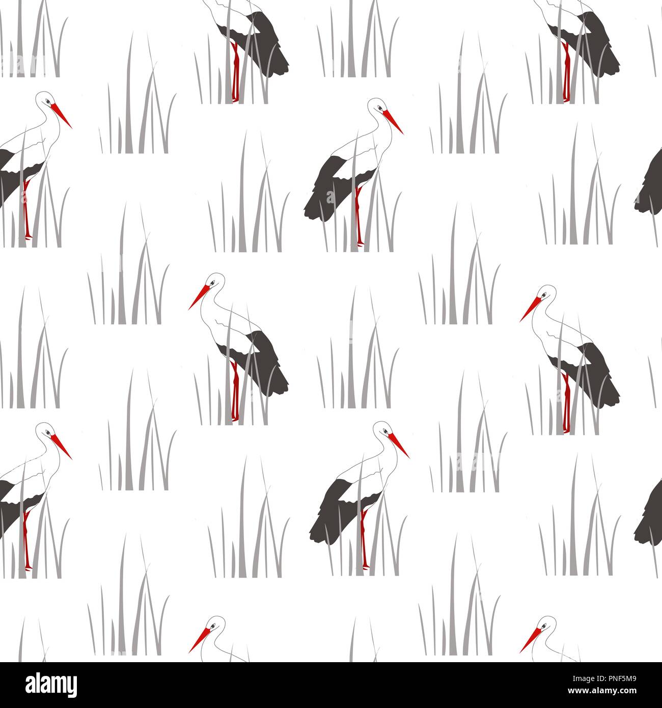 Decorative texture with standing cranes, and reed. Seamless pattern for ...