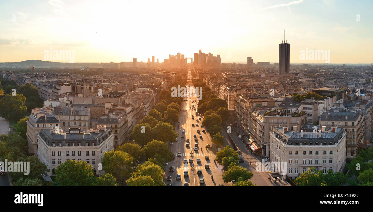Paris sunset rooftop view of the city skyline with la Defense business ...