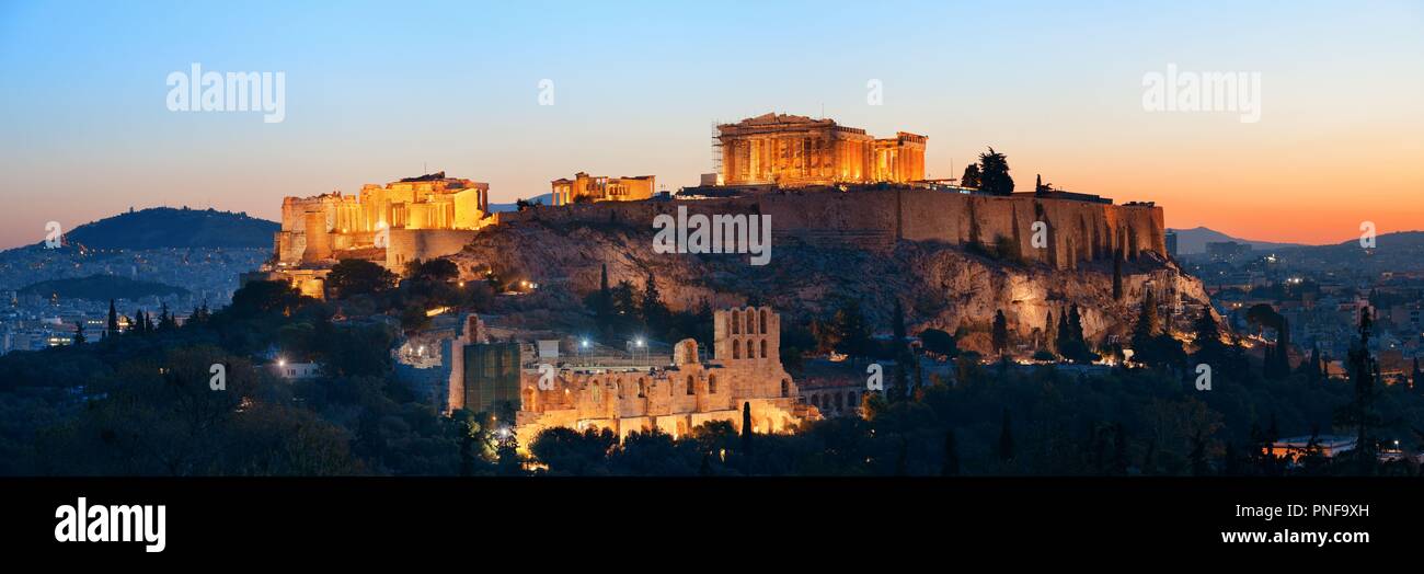 Acropolis historical ruins panorama at sunset viewed from mountain ...