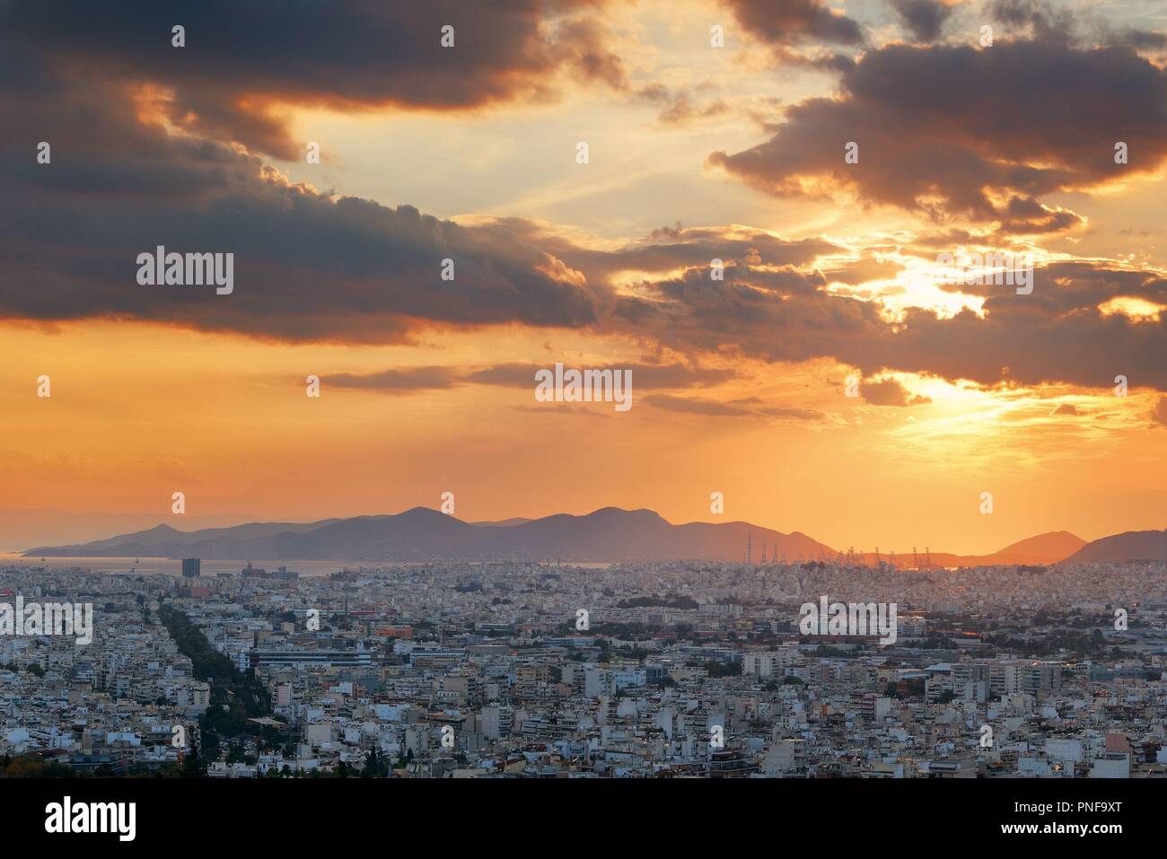 Athens skyline sunset viewed from Mt Lykavitos with Acropolis, Greece ...