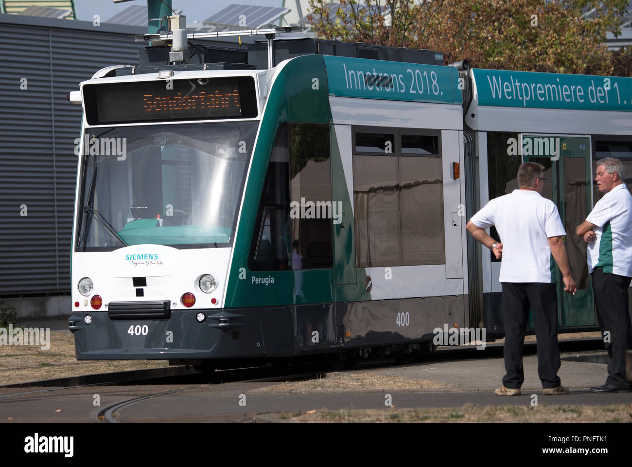 21 September 2018, Brandenburg, Potsdam: A tram equipped with sensors ...