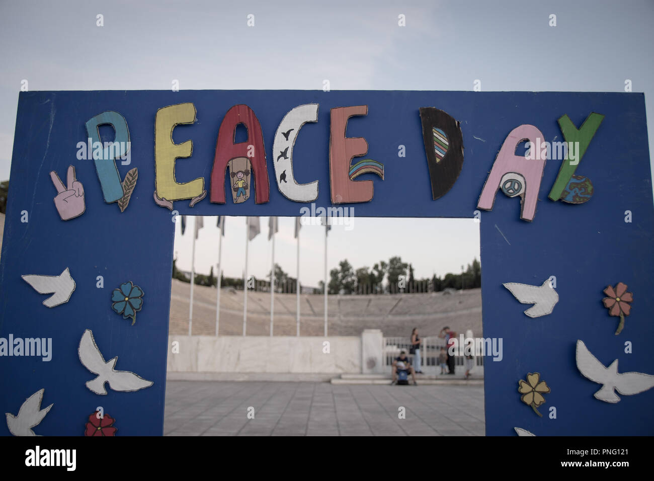 Athens, Greece. 21st Sep, 2018. A peace day panel seen during the event ...