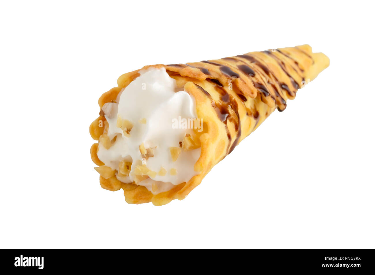 Delicious honeyed waffles, twisted into cones with cream, nuts ...