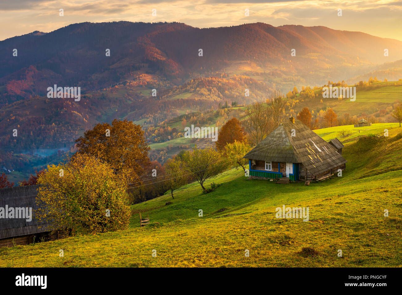 gorgeous mountainous countryside at sunrise. beautiful rural area ...