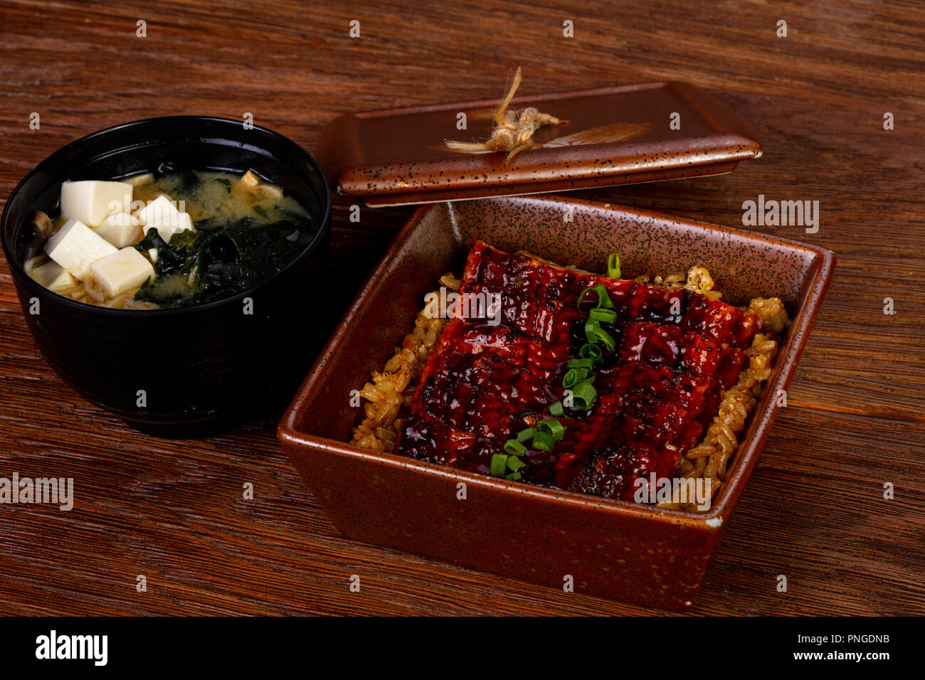 Roasted eel with rice and miso soup Stock Photo - Alamy