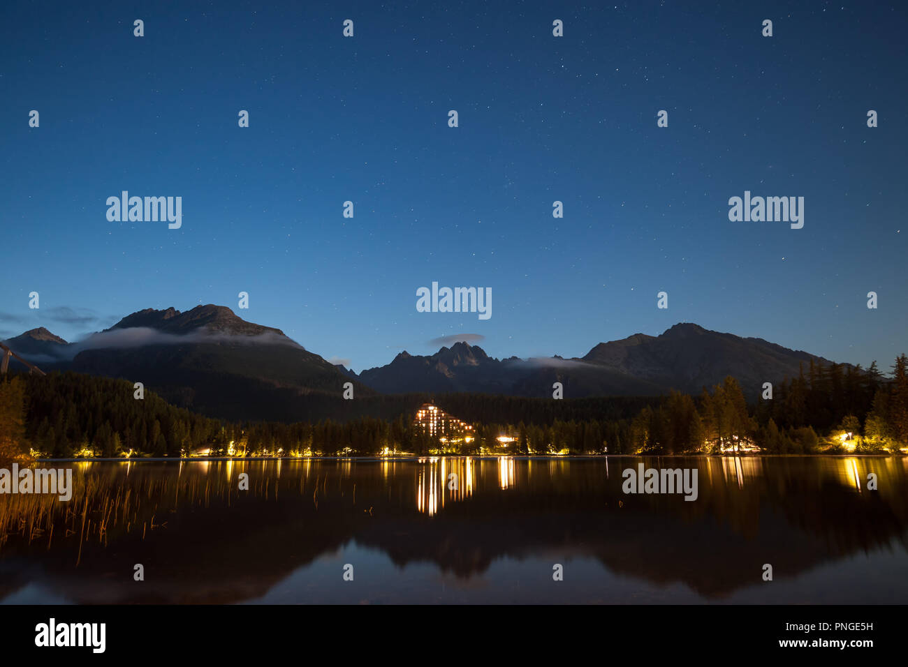 Night sky with stars over alpine mountain lake Stock Photo - Alamy