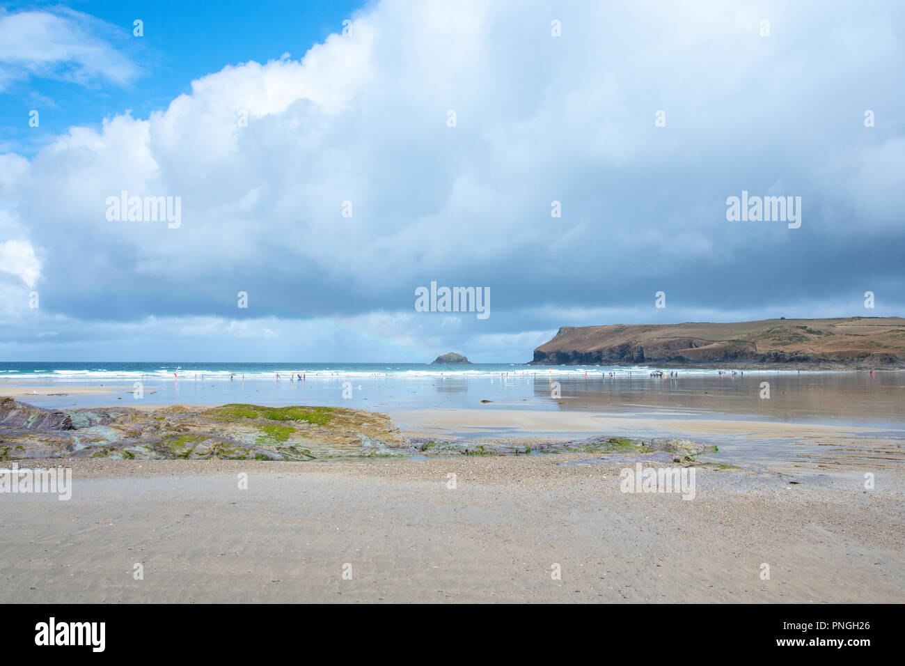 Polzeath surfing beach, North Cornwall, UK on a cloudy summer's day ...